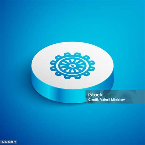 파란색 배경에 격리 된 등색 라인 선박 스티어링 휠 아이콘 흰색 원 버튼입니다 벡터 3차원 형태에 대한 스톡 벡터 아트 및 기타 이미지 3차원 형태 고풍스런 골동품