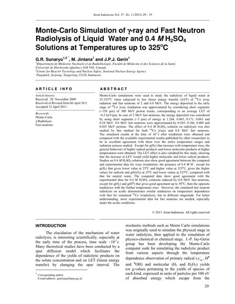 Pdf Monte Carlo Simulation Of γ Ray And Fast Neutron Radiolysis Of Liquid Water And 04 M H 2