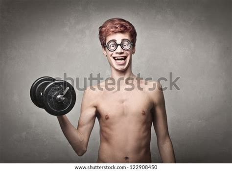 Naked Nerd Guy Raising Dumbbell Stock Photo Shutterstock