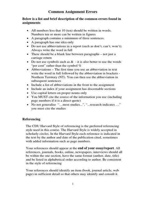Common Assignment Errors Below Is A List And Brief Description Of The Common Errors Found In