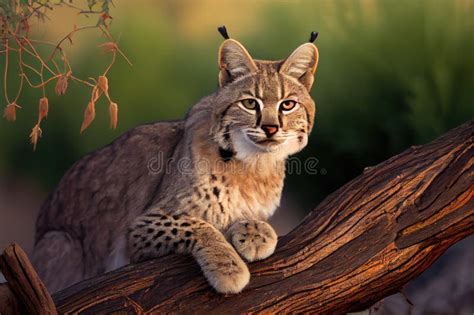 Bobcat Sitting On Tree Branch Its Eyes Peaking Stock Illustration