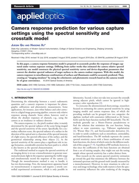 Pdf Camera Response Prediction For Various Capture Settings Using The Spectral Sensitivity And