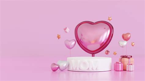 행복한 어머니의 날 축하 풍선 엄마 선물 상자 심장 사랑 3d 렌더링과 연단에 텍스트 0명에 대한 스톡 사진 및 기타 이미지