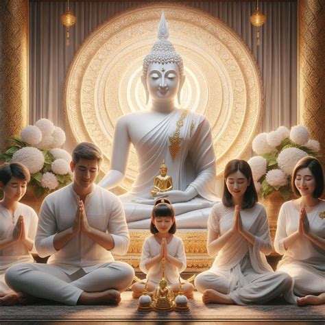 การนั่งสมาธิและสักการะพระพุทธรูป ภาพครอบครัวชาวพุทธสร้างด้วย A I จาก Bing