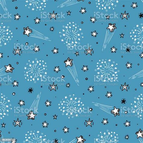 휴일 불꽃 배경입니다 축제 파티 벽지입니다 손으로 그린 낙서 불꽃놀이 별 패턴 원활한 벡터 일러스트 레이 션 검은색에 대한 스톡 벡터 아트 및 기타 이미지 Istock