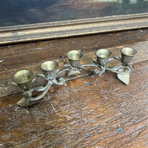 Vintage Brass Candle Holders 5 Candle Cups Leaf Design Candelabra
