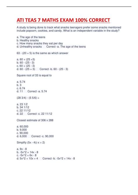 ATI TEAS MATHS EXAM CORRECT QUESTIONS AND ANSWERS ATI TEAS Stuvia US