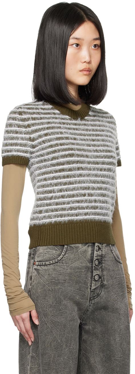 Mm6 Maison Margiela Khaki And White Striped Sweater Mm6 Maison Margiela