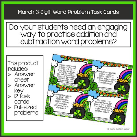 Addition And Subtraction 3 Digit Spring Word Problem Task Cards March