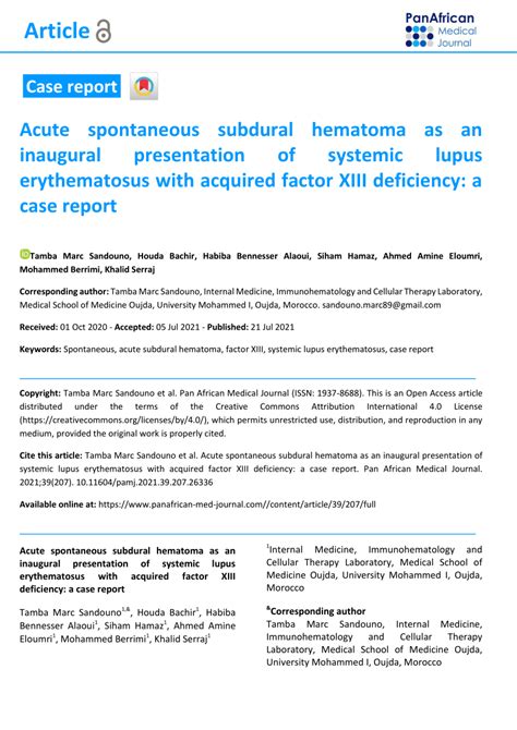 Pdf Acute Spontaneous Subdural Hematoma As An Inaugural Presentation