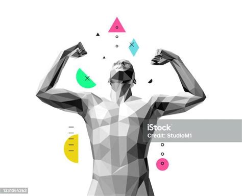 진정한 승자로 공중에 두 손을 들고 챔피언 승리와 자유 강한 남자가 손을 들고 스포츠 기호 리더십 또는 운동 보디 빌딩 개념 벡터 그림입니다 근육질 체격에 대한 스톡 벡터