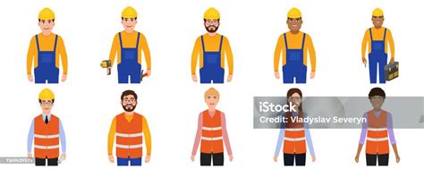 남자와 여자 빌더 아바타 건물 유니폼 아이콘 세트에서 옷을 입은 사람들 만화 스타일의 캐릭터 노동자는 흰색 배경에 드릴 망치 및 도구 상자 벡터 일러스트를 보유하고 있습니다