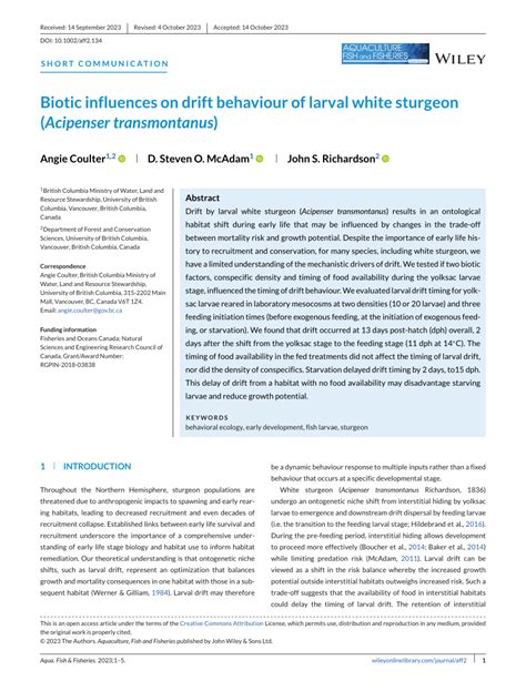 Pdf Biotic Influences On Drift Behaviour Of Larval White Sturgeon