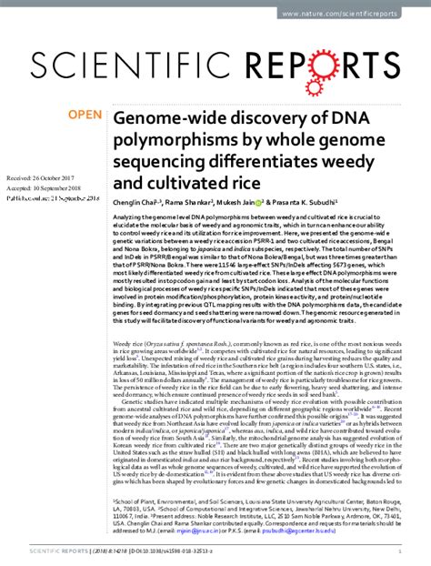 Pdf Genome Wide Discovery Of Dna Polymorphisms By Whole Genome Sequencing Differentiates Weedy