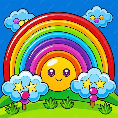 A Cartoon Illustration Of A Rainbow With Clouds And The Word Rainbow
