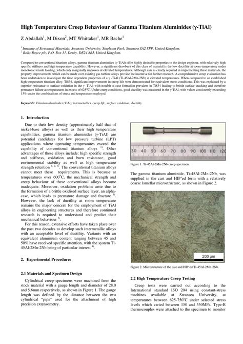 Pdf High Temperature Creep Behaviour Of Titanium Aluminides Tial