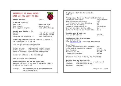 raspberry pi noob bookmark and admin cheat sheet teaching resources