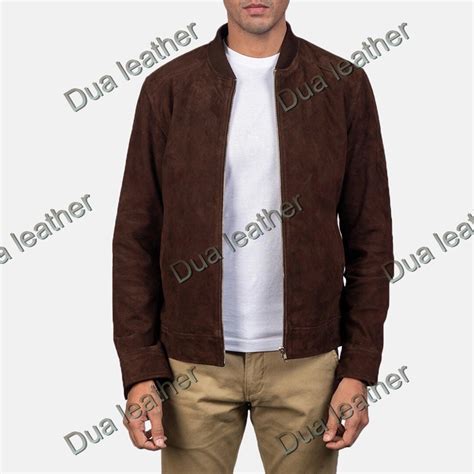 Mens Brown Suede Leather Bomber Jacket Classic Zippered Vintage Style