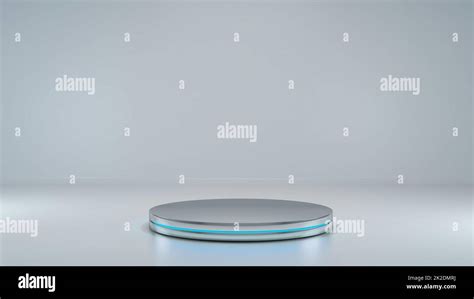 Chrome Cylinder Platform Abstract Background With Blue Neon Light Shiny