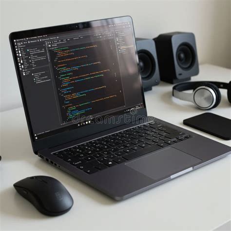 Sleek Laptop On A Desk Displays Coding Interface With Lines Of Colorful Code Visible Stock