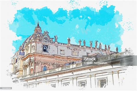 이탈리아 바티칸 로마의 성 베드로 광장의 수채화 그리기 그림 건축에 대한 스톡 벡터 아트 및 기타 이미지 건축 경관 고대의 Istock