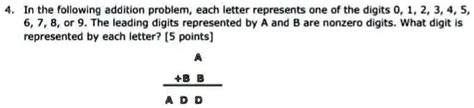 Solved The Following Addition Problem Each Letter Represents One Of