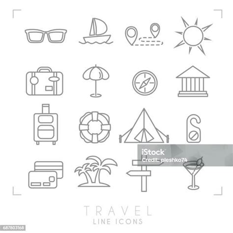 개요 얇은 여행 및 휴가 아이콘 설정합니다 선글라스 요트 경로 태양 가방 우산 나침반 박물관 수하물 Lifebuoy 캠핑 텐트