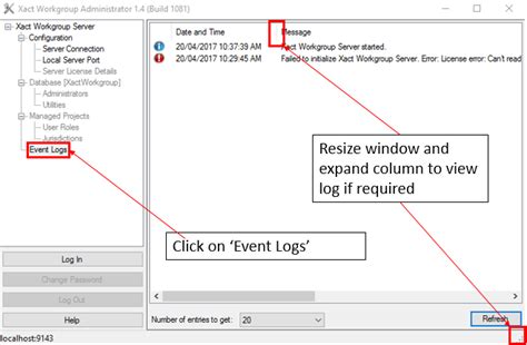 how do i view the event log in xact workgroup server