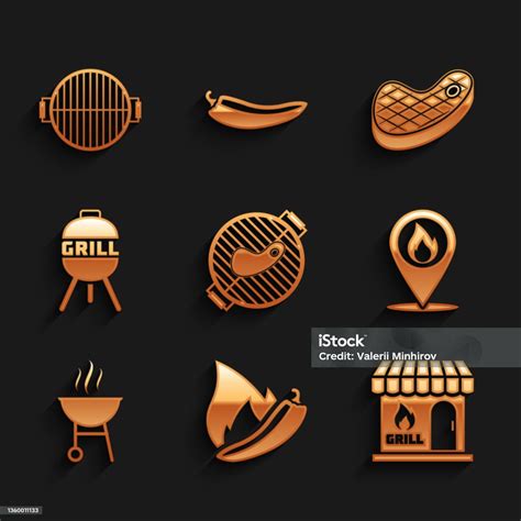 스테이크 핫 칠리 페퍼 포드 쇼핑 빌딩 위치 불꽃 스테이크 고기와 아이콘과 함께 바베큐 그릴을 설정합니다 벡터 검은색에 대한