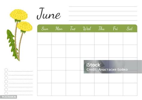 월간 일일 주간 준 플래너 꽃 디자인의 A4 수평 페이지 주최자 메모를위한 장소가있는 일정 목표 할 일 목록 민들레 노란 꽃 0명에 대한 스톡 벡터 아트 및 기타 이미지