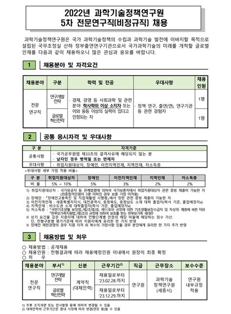과학기술정책연구원 2022년 5차 전문연구직 비정규직 채용 연구회ㆍ소관 연구기관 채용 정보 소식·소통 경제ㆍ인문사회연구회