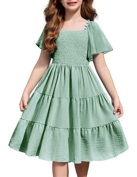 Arshiner Girls Summer Dress Tween Casual Smocked Swing Flowy Ruffle