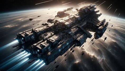 Massive Space Battleship Escorted By A Fleet Of Interceptors Stock