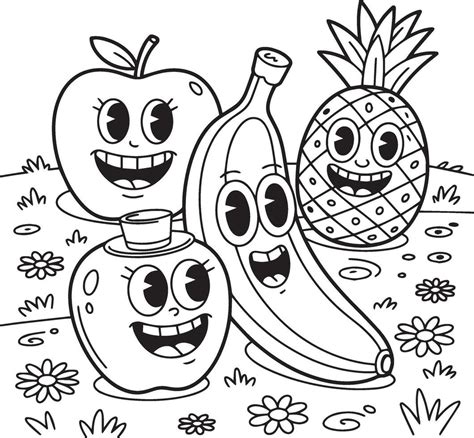 Happy Retro Cartoon Fruits Coloring Page Apple Banana Pineapple And