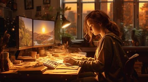 Premium AI Image A Woman Sits At A Desk In Front Of A Computer Screen That Says Microsoft