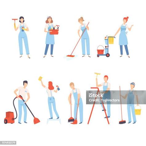 청소 장비와 전문 청소기 청소 회사 직원 문자 옷을 입고 유니폼 플랫 벡터 일러스트 관리인에 대한 스톡 벡터 아트 및 기타 이미지 관리인 독일 멜빵 바지 Istock