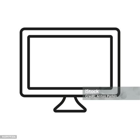 컴퓨터 모니터 줄 아이콘입니다 Pc 와이드 스크린 데스크탑 선형 픽토그램 디지털 Lcd 기술 개요 기호가 있는 Tv 모니터 화면 표시 편집 가능한 획 고립된 벡터 그림