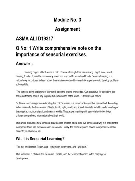 Asma Ali D19317 Module 3 Assignment Pdf Senses Perception