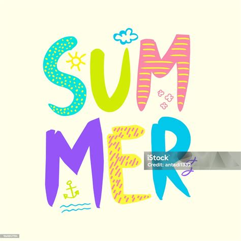 밝은 추상 배경 여름 손으로 쓴 글자와 태양 구름 꽃 물고기 파도 앵커의 그림 그려진된 편지를 브러시 고무도장에 대한 스톡 벡터 아트 및 기타 이미지 Istock