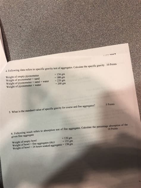 Solved Following Data Refers To Specific Gravity Test Of Chegg