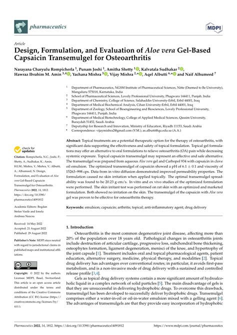 Pdf Design Formulation And Evaluation Of Aloe Vera Gel Based Capsaicin Transemulgel For