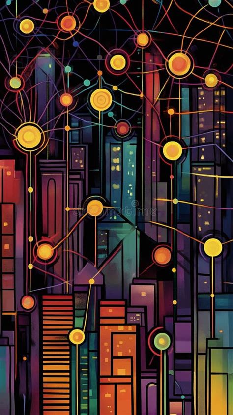 Neural Network Inspired Street Diagram With Vibrant Lines And Diverse Cultural Elements Stock