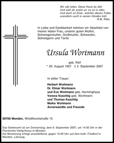 Traueranzeigen Von Ursula Wortmann Trauer In Nrw De