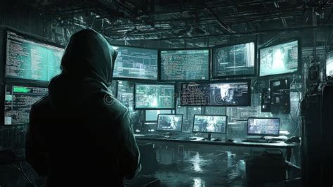 Mysterious Figure In A Dark Room Full Of Glowing Screens The Atmosphere Feels Tense As Data