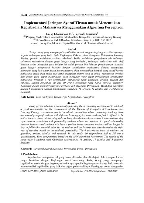 Pdf Implementasi Jaringan Syaraf Tiruan Untuk Menentukan Kepribadian Mahasiswa Menggunakan
