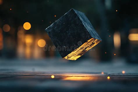 Mysterious Floating Cube With Glowing Edges In Urban Night Setting With Bokeh Lights Stock