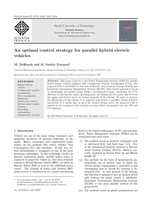 An Optimal Control Strategy For Parallel Hybrid Electric Vehicles Scientia Iranica B 2019 26