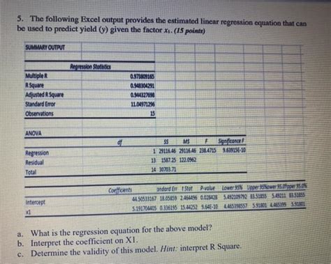 solved 5 the following excel output provides the estimated
