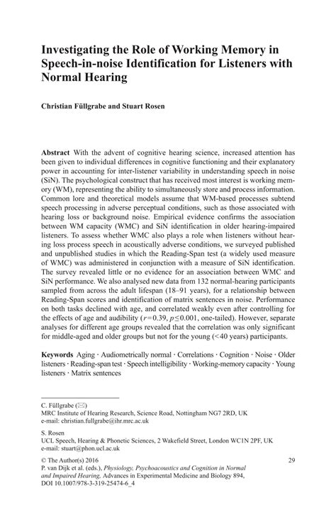 pdf investigating the role of working memory in speech in noise