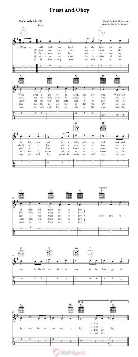Trust And Obey Easy Guitar Sheet Music And Tab With Chords And Lyrics